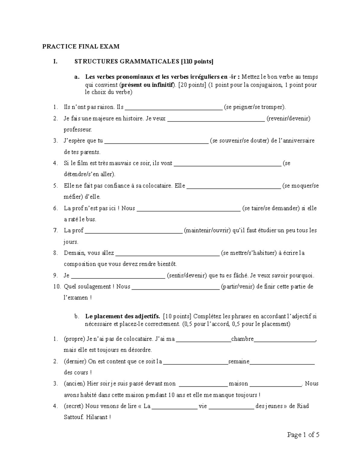 French 1501 Practice Final Exam Review: Key Grammar Concepts - Studocu