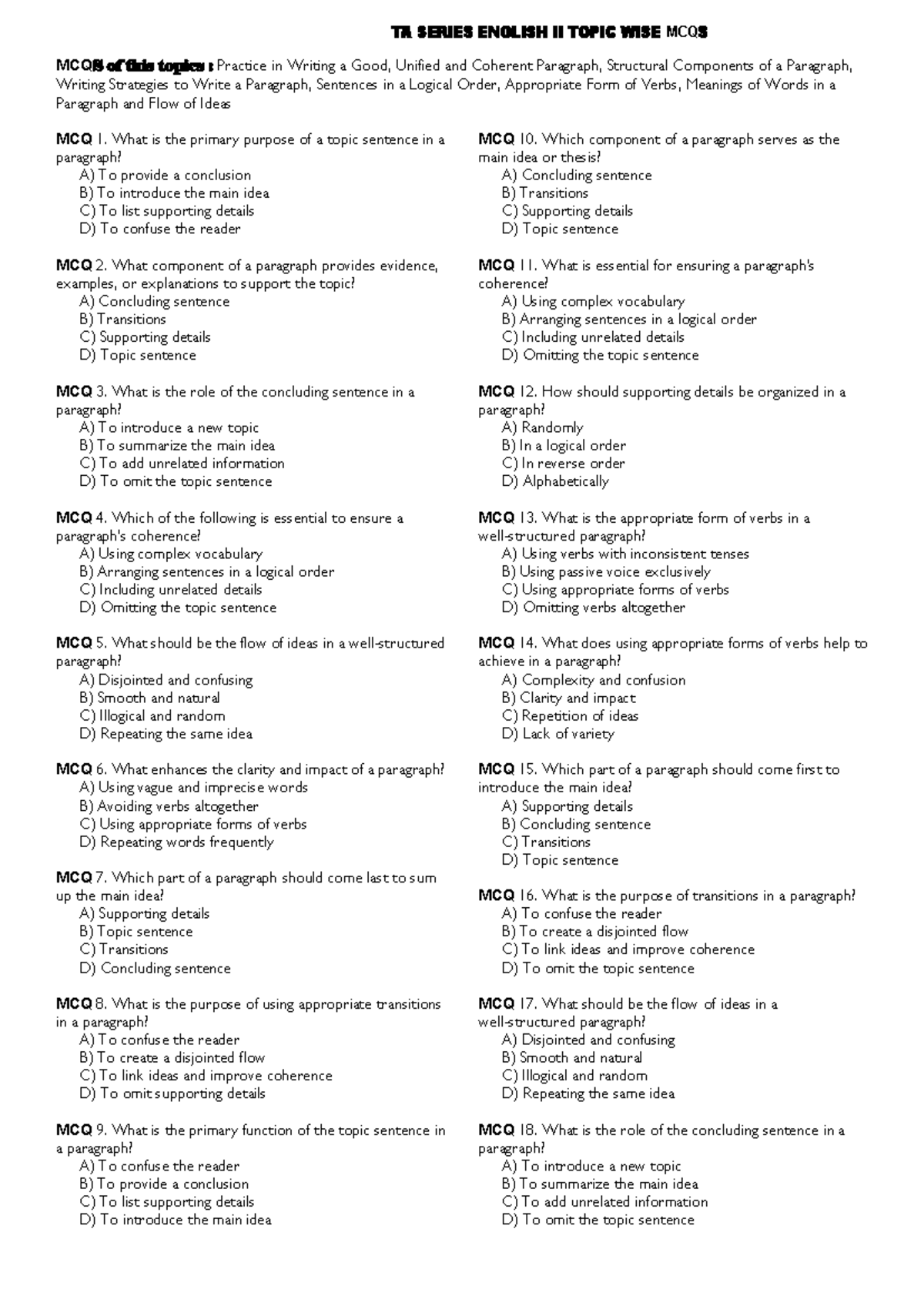 Paragraph Writing MCQs: Practice for Effective Composition - Studocu