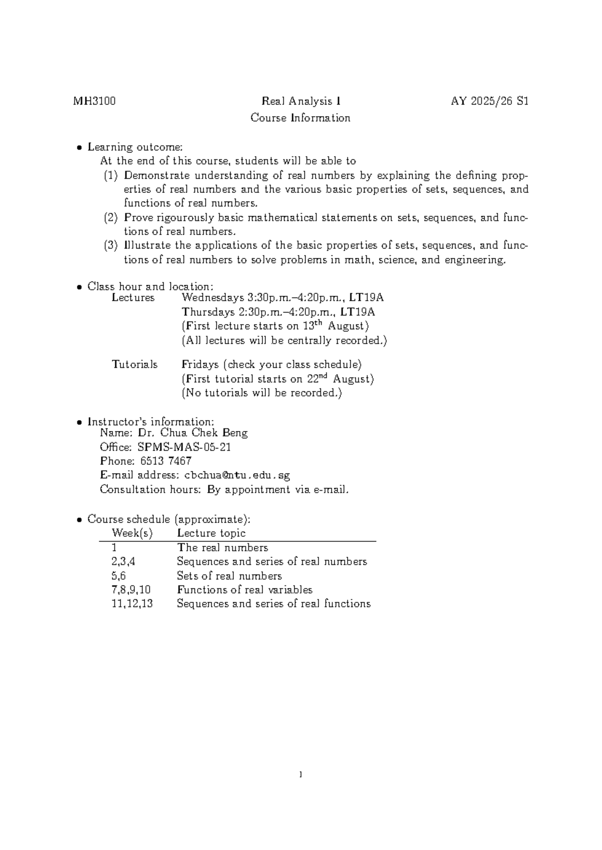 MH3100 Real Analysis I Course Info & Learning Outcomes - Studocu