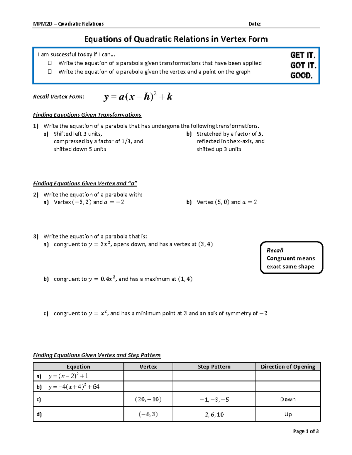 4-05 Equations in Vertex Form - MPM2D – Quadratic Relations Date: Page ...