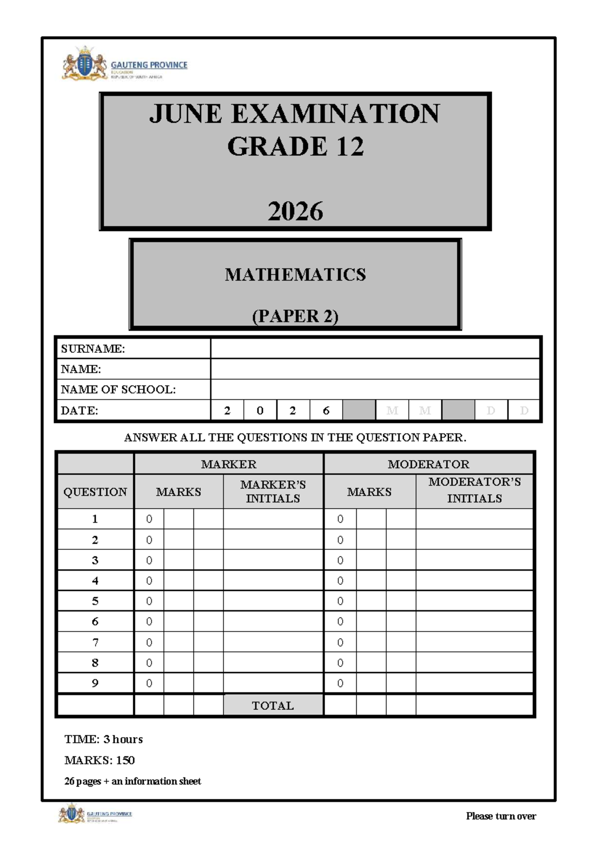 Grade 12 Mathematics June Exam Paper 2 (2026) - Detailed Instructions ...