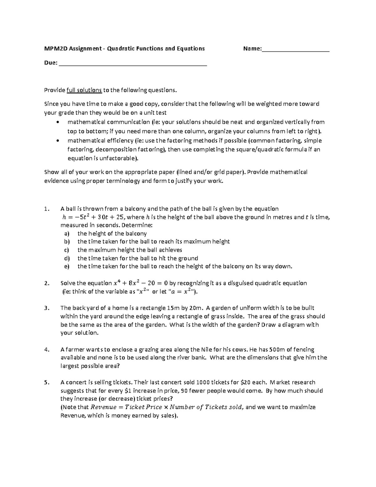 MPM2D Assignment: Quadratic Functions & Equations Solutions - Studocu