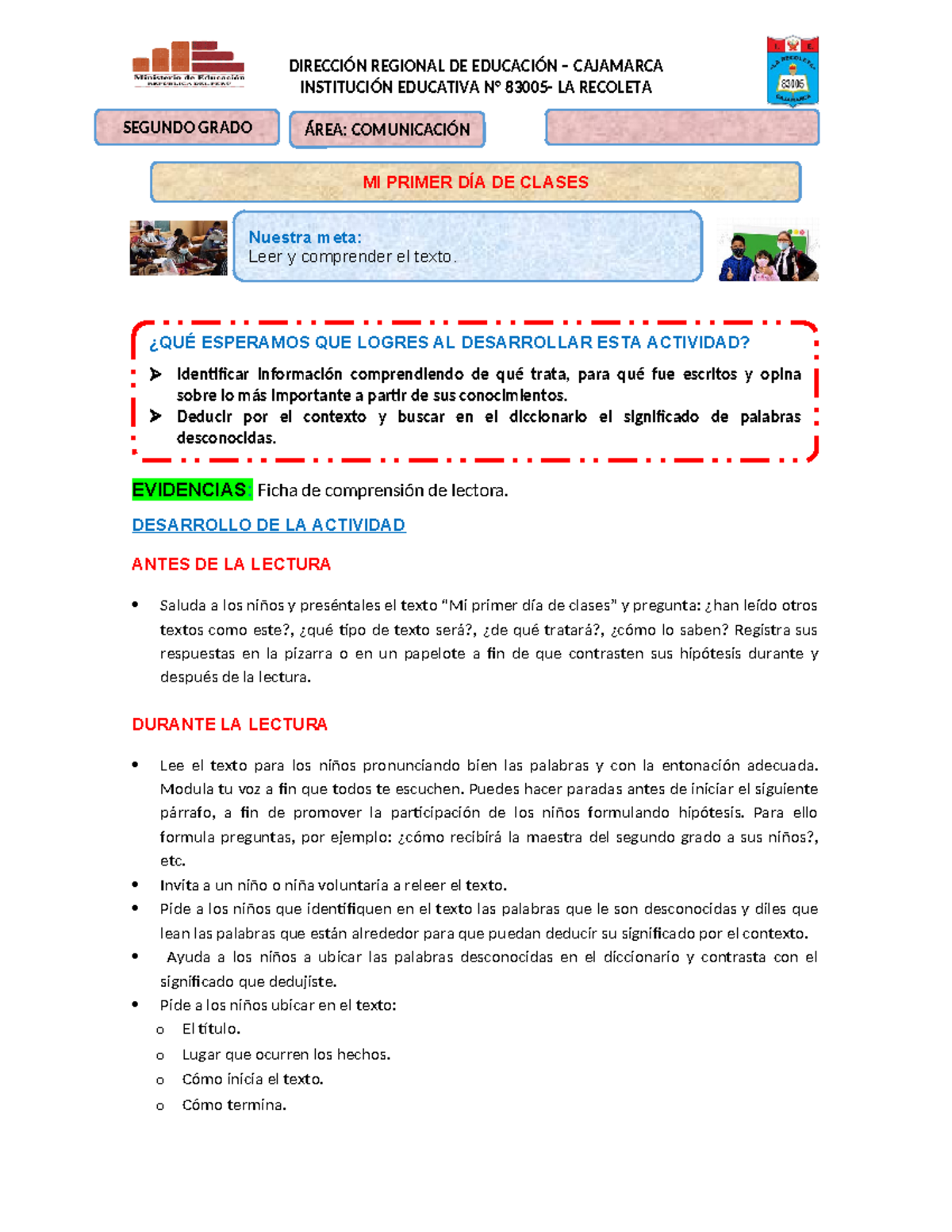 4. Comprensión DE Lectura - MI Primer DIA DE Clases - INSTITUCIÓN ...