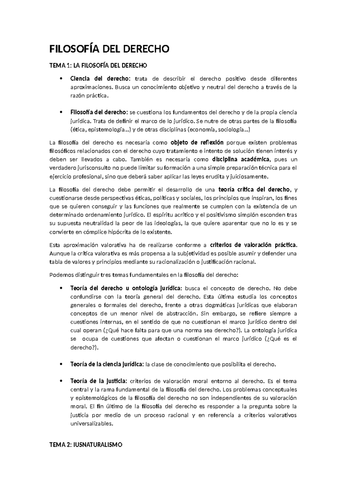 FILOSOFÍA DEL DERECHO: TEMA 1 Y 2 - IUSNATURALISMO Y TEORÍAS JURÍDICAS ...