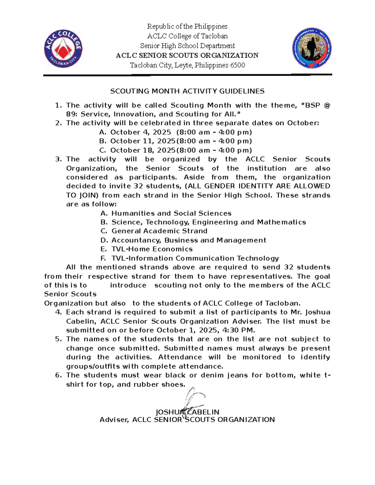 ACLC Senior High Scouting Month Activity Guidelines 2025 - Studocu