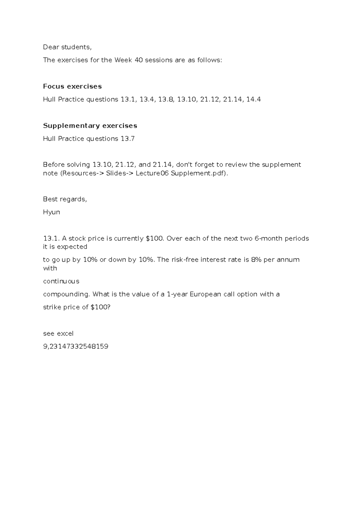 Exercise Class 5: Week 40 Hull Practice Questions and Solutions - Studocu