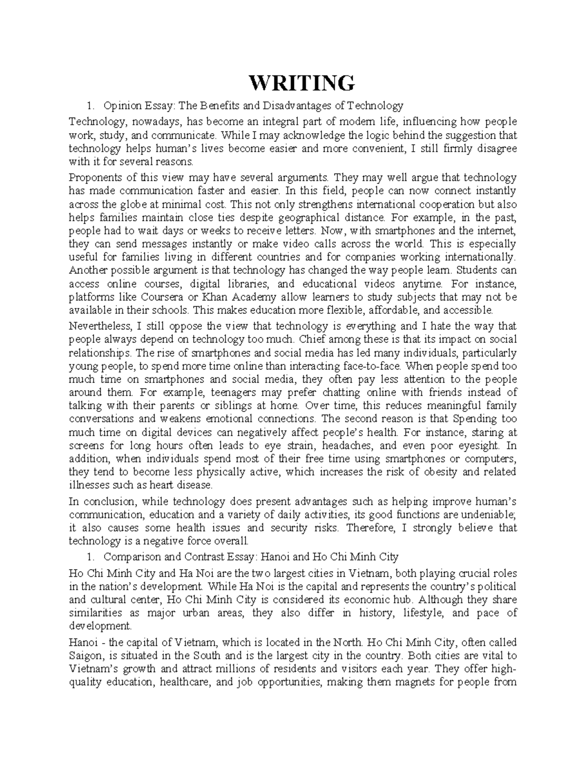 WRITING 1: Opinion Essay on Technology's Pros and Cons - Studocu