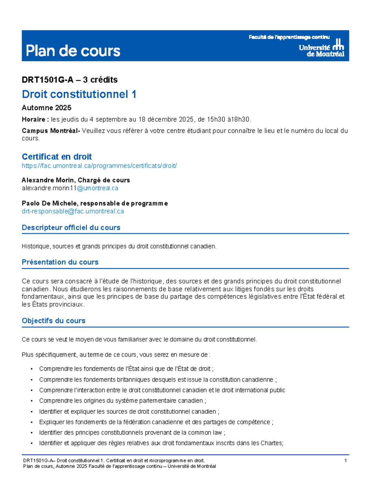 Plan de cours DRT1501GA Droit Constitutionnel 1 - Automne 2025 - Studocu
