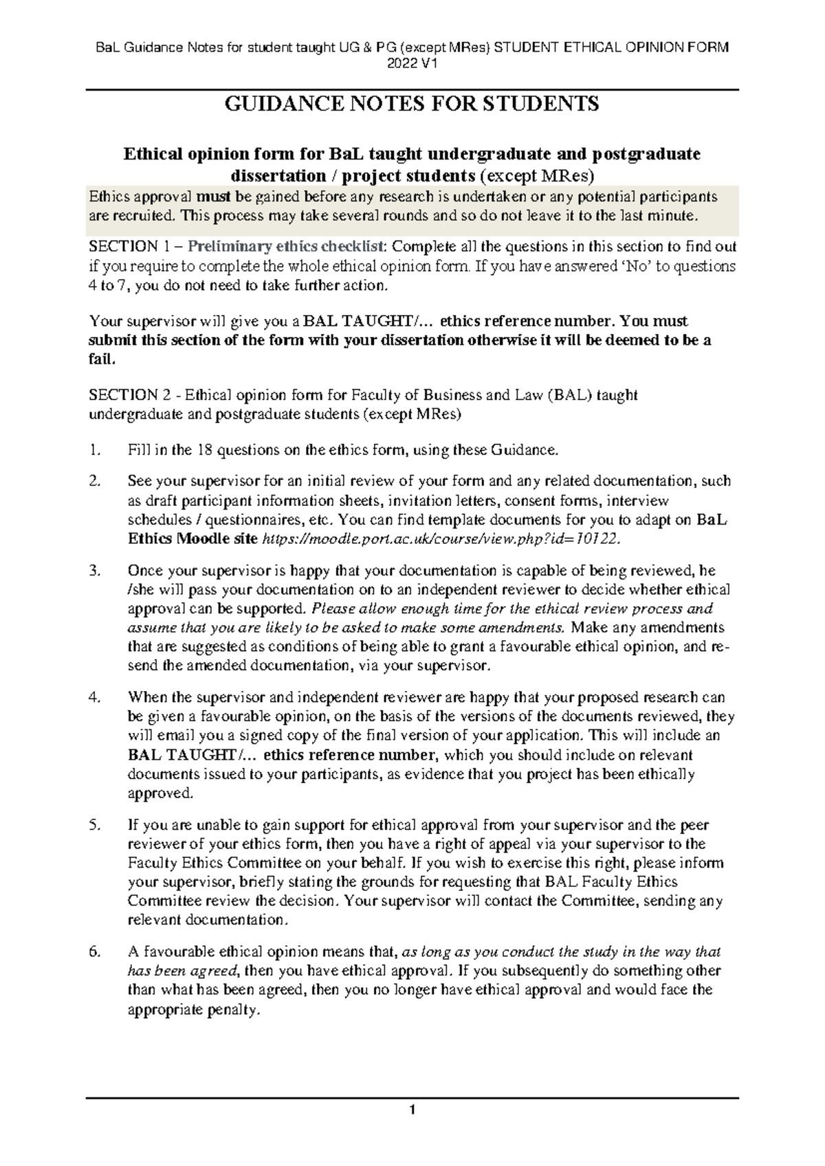 BaL Ethics Approval Guidance Notes for UG & PG Students (2022) - Studocu