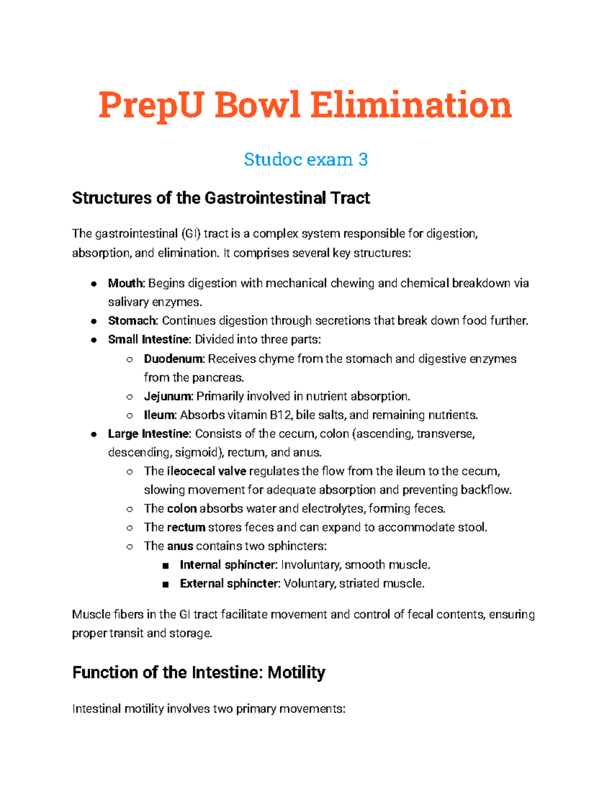Comprehensive Guide to GI Tract Structures and Bowel Assessment (Exam 3 ...