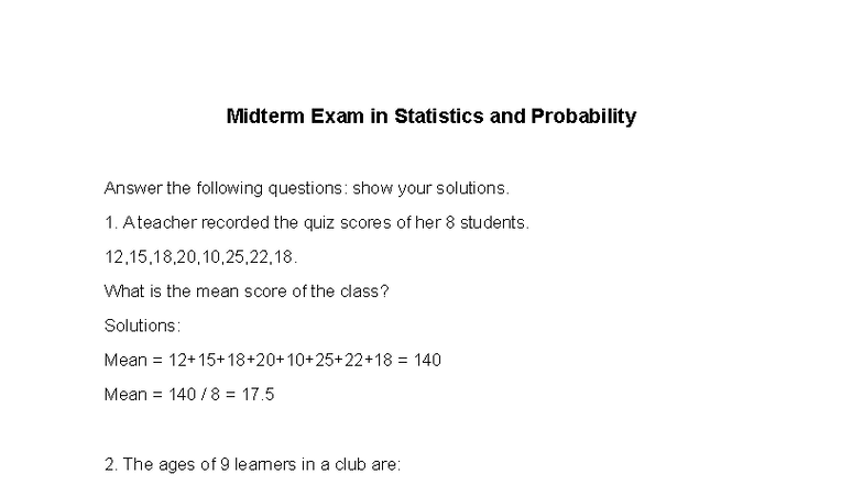 Midterm Exam Solutions for STATS 101: Mean, Median, Mode - Studocu