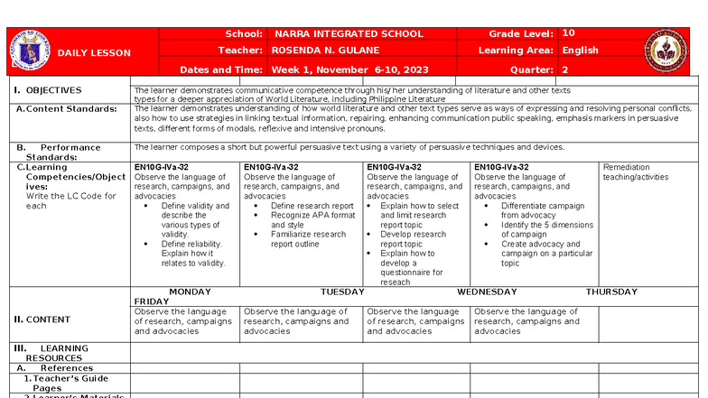 Grade 10 English Lesson Plan: Research & Advocacy (Q2) - Studocu