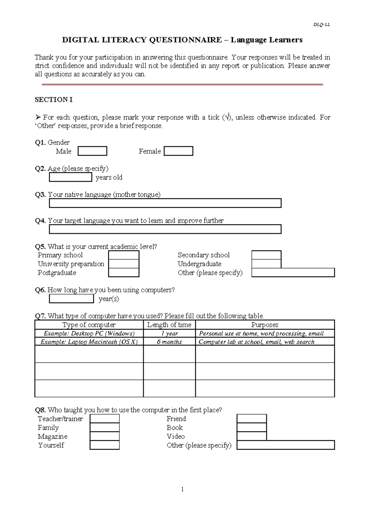 DLQ-LL-1: Digital Literacy Questionnaire for Language Learners - ELT ...