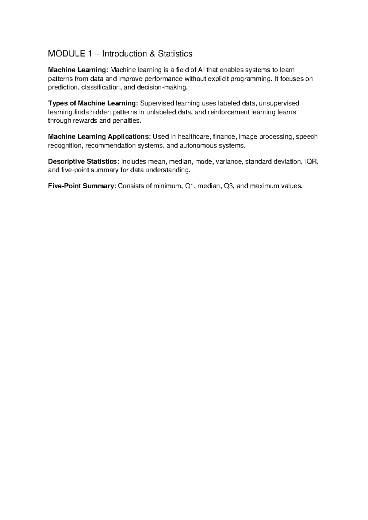 ML Module Wise Exam Notes: Key Concepts in Statistics & Learning - Studocu