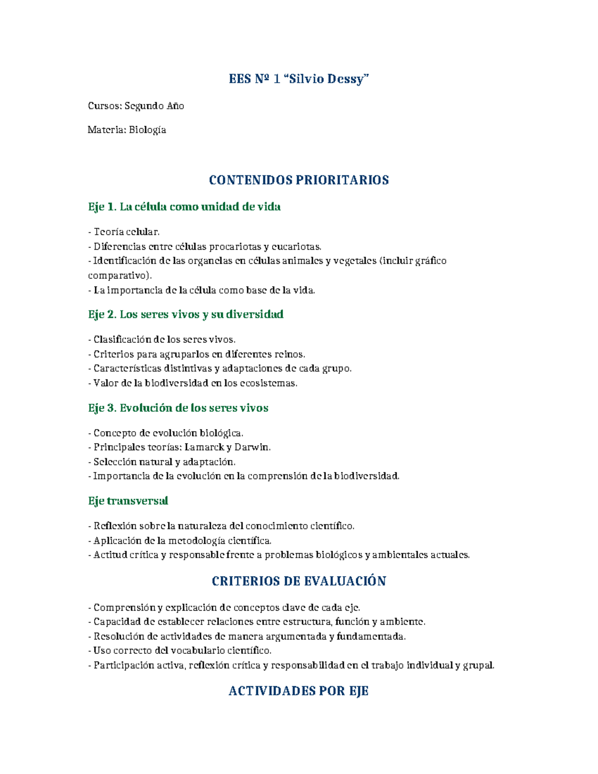 Contenidos Prioritarios Biología 2A: Ejes y Evaluación - Studocu