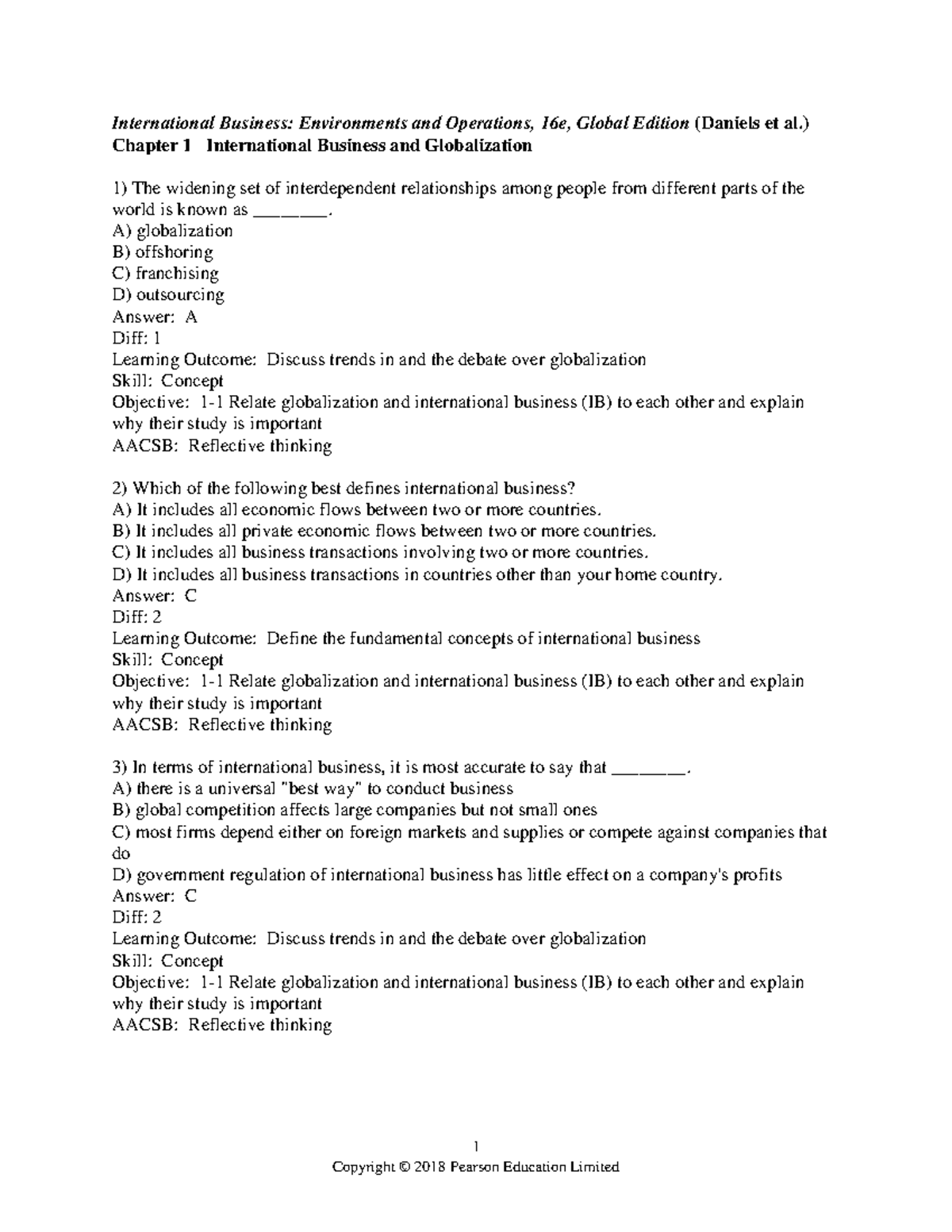 Chapter 01 Test Bank: Key Concepts in International Business and ...