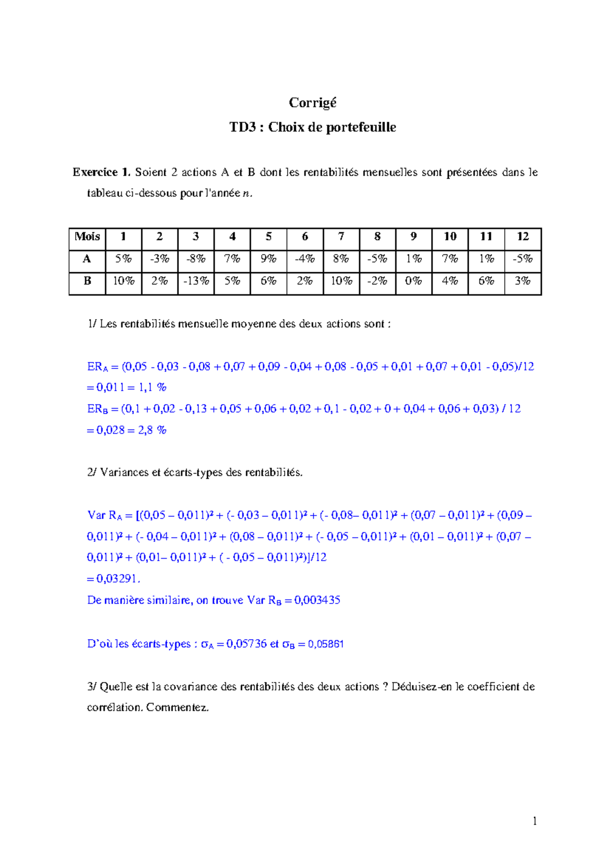 Correction TD3 : Analyse des Portefeuilles et Risques - Studocu