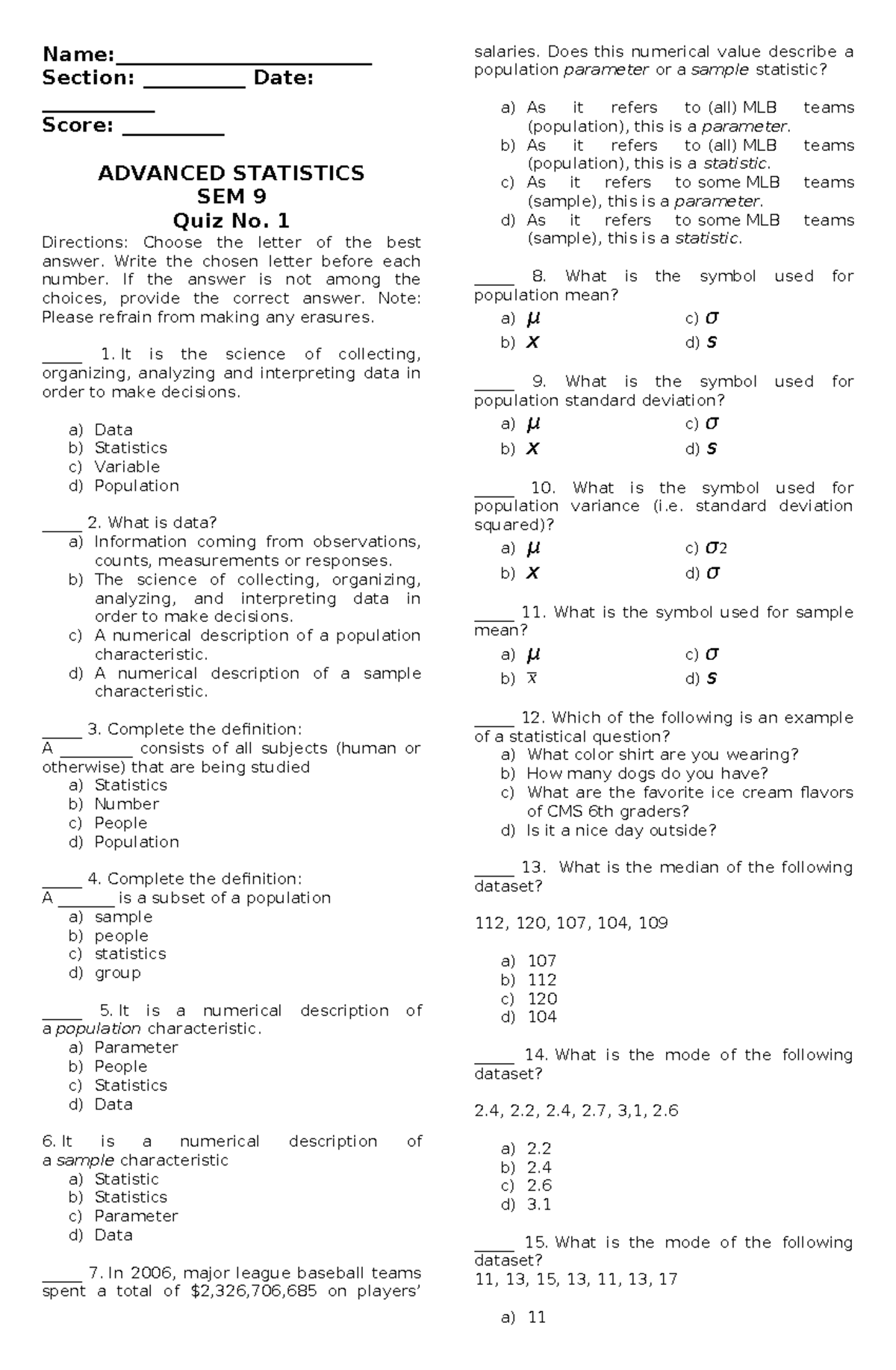 Quiz in Advanced Statistics - Name:_________________________ Section ...