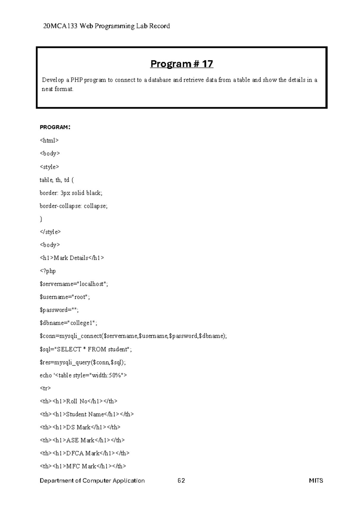 20MCA133 Web Programming Lab Record: PHP & MySQL Applications - Studocu