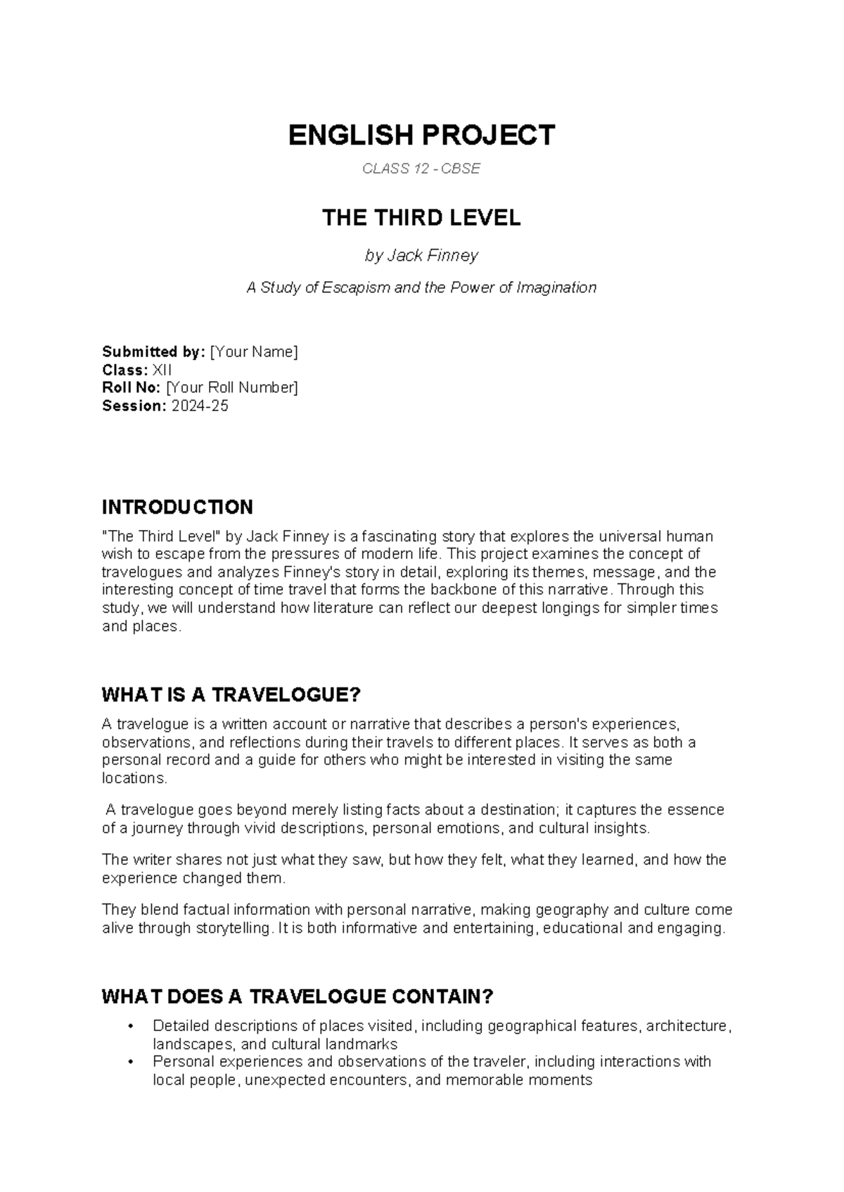 Class 12 CBSE English Project: The Third Level by Jack Finney - Studocu