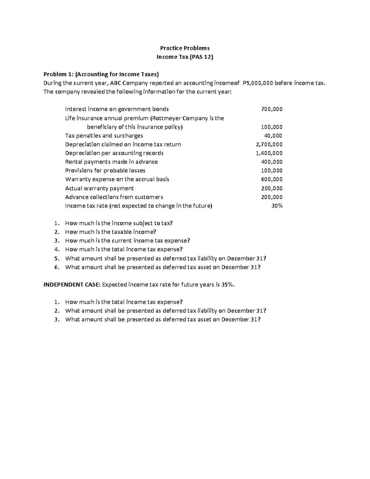 Practice Set: Income Tax Problems (PAS 12) - Studocu