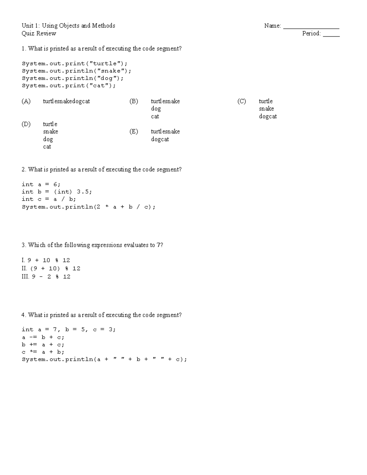Unit 1: Objects and Methods Quiz Review (CS101) - Studocu