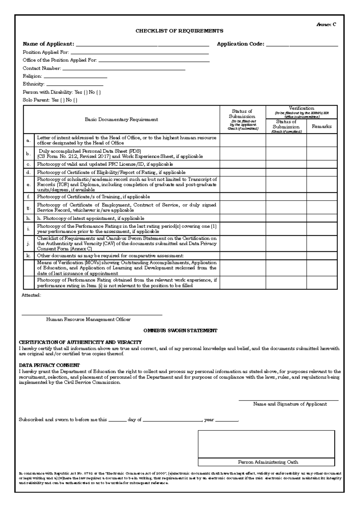 Annex C - Checklist of Requirements & Omnibus Sworn Statement.pdf - Studocu
