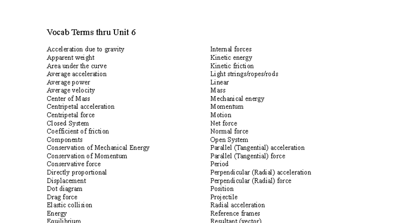 Vocab Terms for Physics Unit 6 - Acceleration & Forces - Studocu