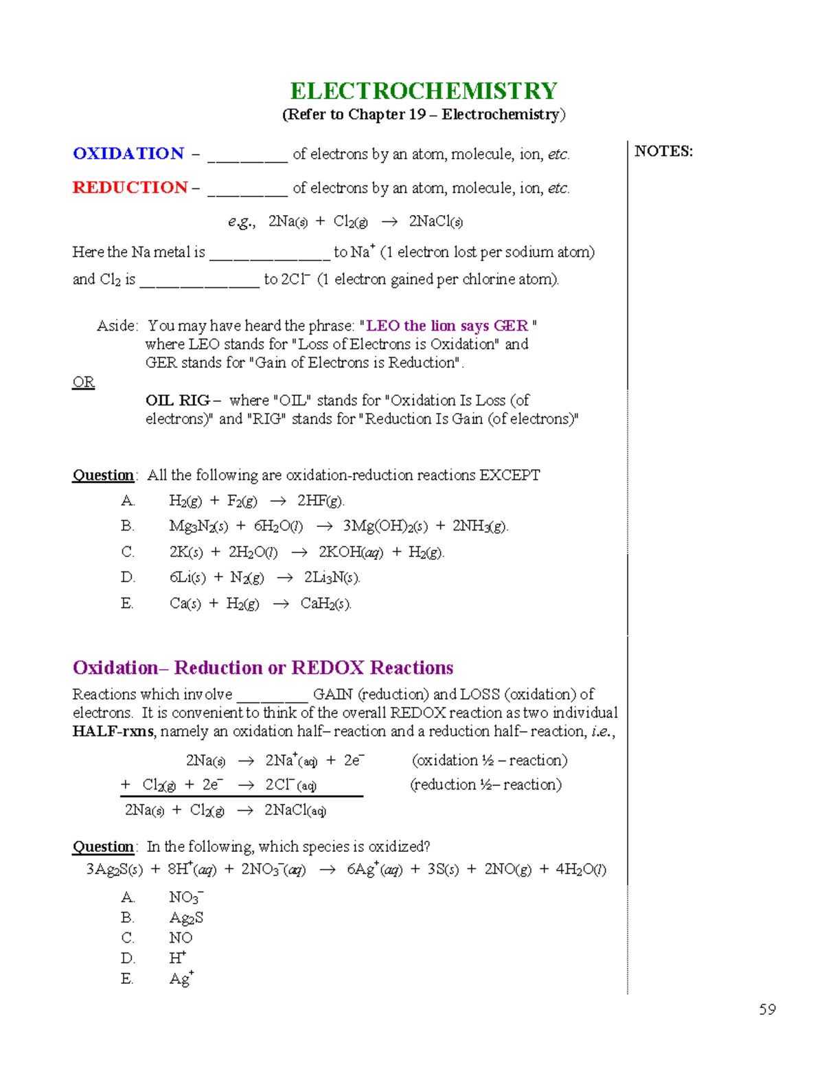 Electrochemistry (CHEM 101) - Chapter 19 Notes on REDOX Reactions - Studocu