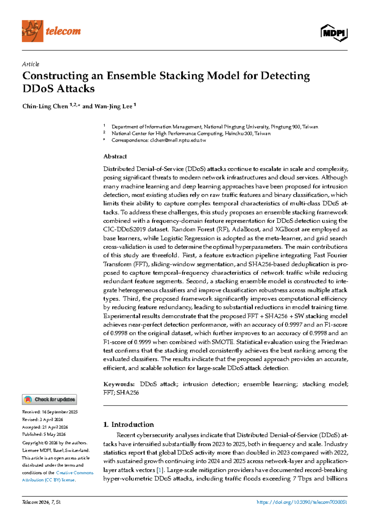 Constructing an Ensemble Stacking Model for DDoS Detection (Telecom ...