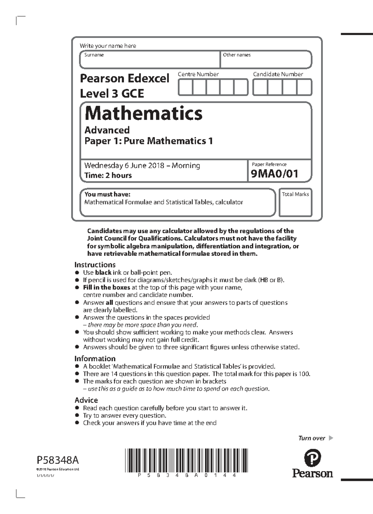 9MA0-01 A Level Pure Mathematics 1 - June 2018 Exam Paper - Studocu