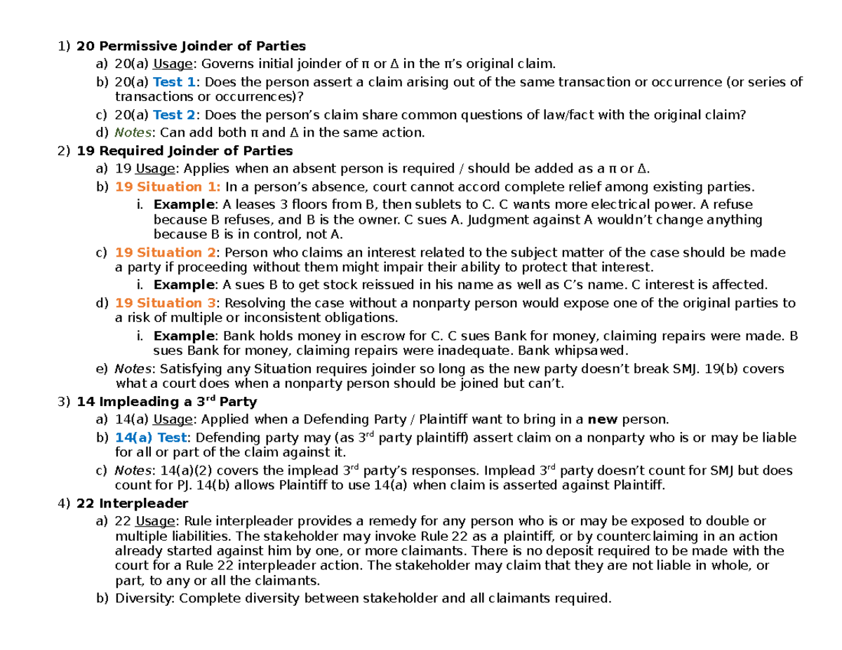 Joinder Chart Overview - Civ Pro Law Study Guide - Studocu