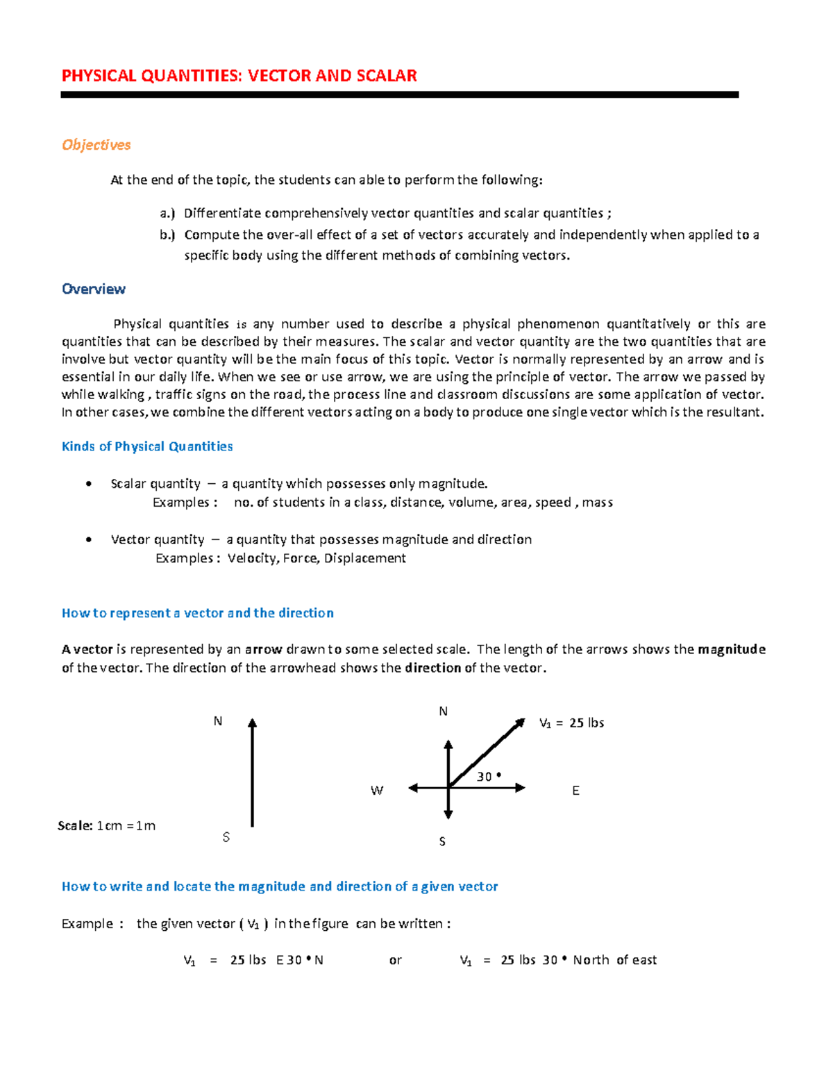 PHYS-211-2 - Notes - PHYSICAL QUANTITIES: VECTOR AND SCALAR Objectives ...