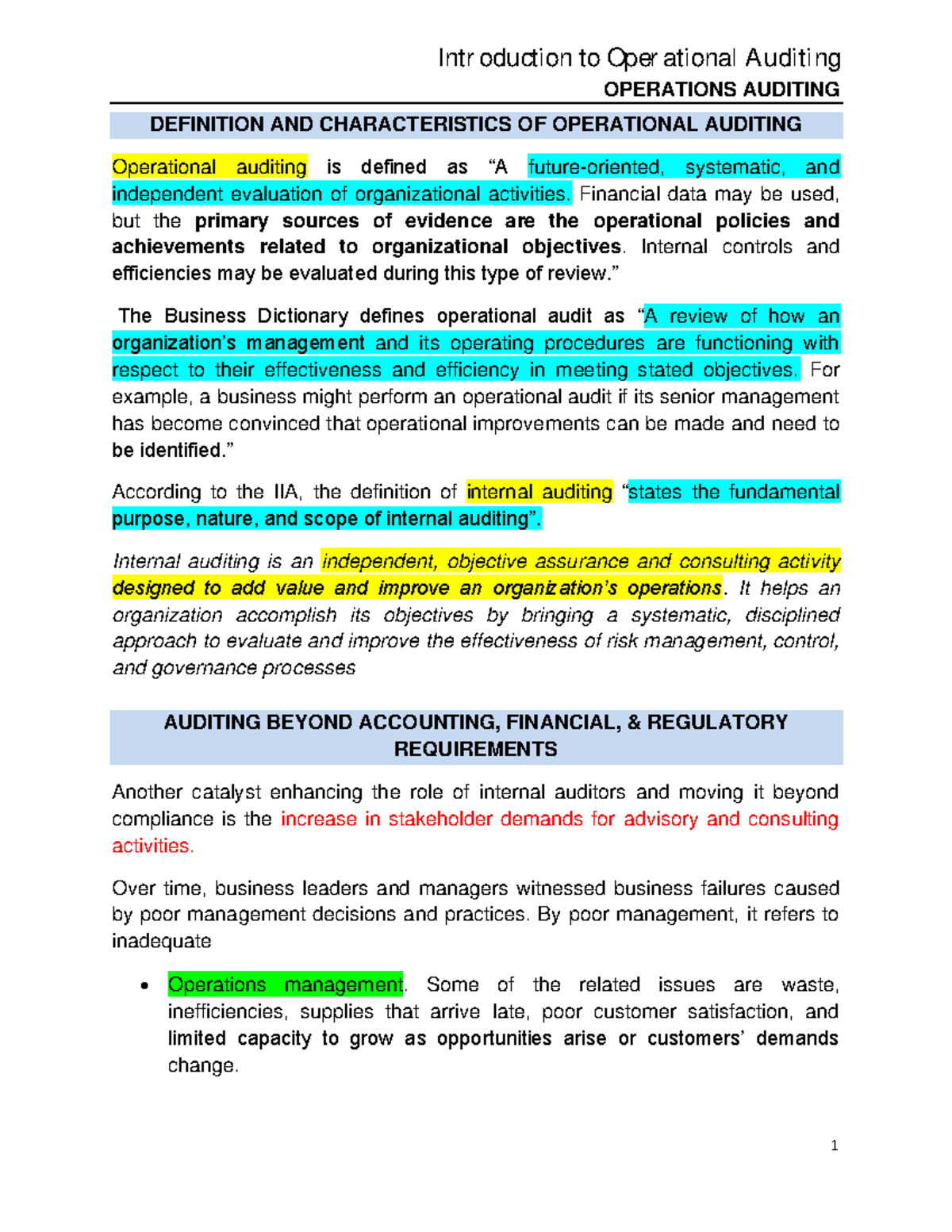 Operational Auditing: Planning and Performance Insights (OPR101) - Studocu
