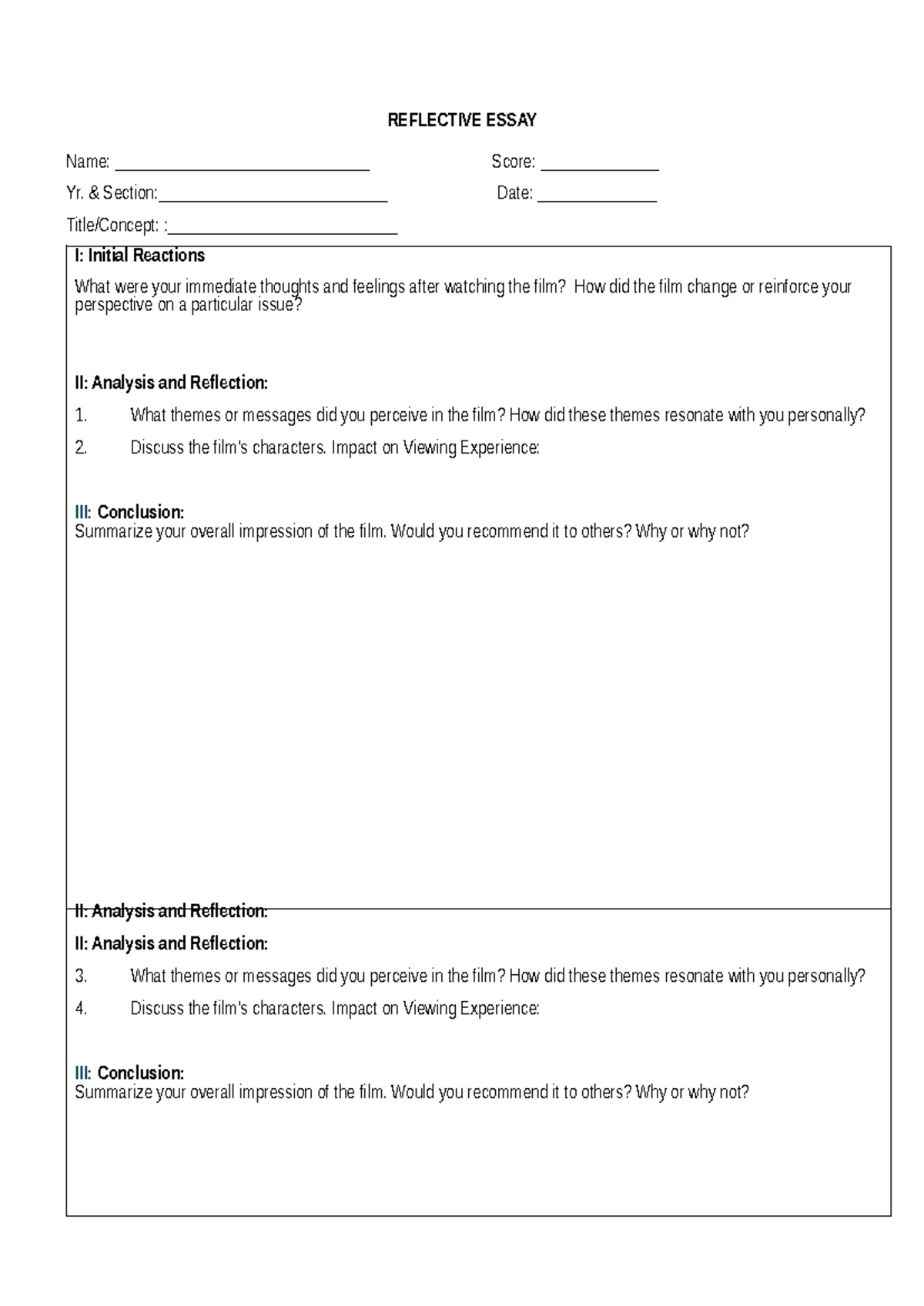 Reflective essay format -film or videos - REFLECTIVE ESSAY Name