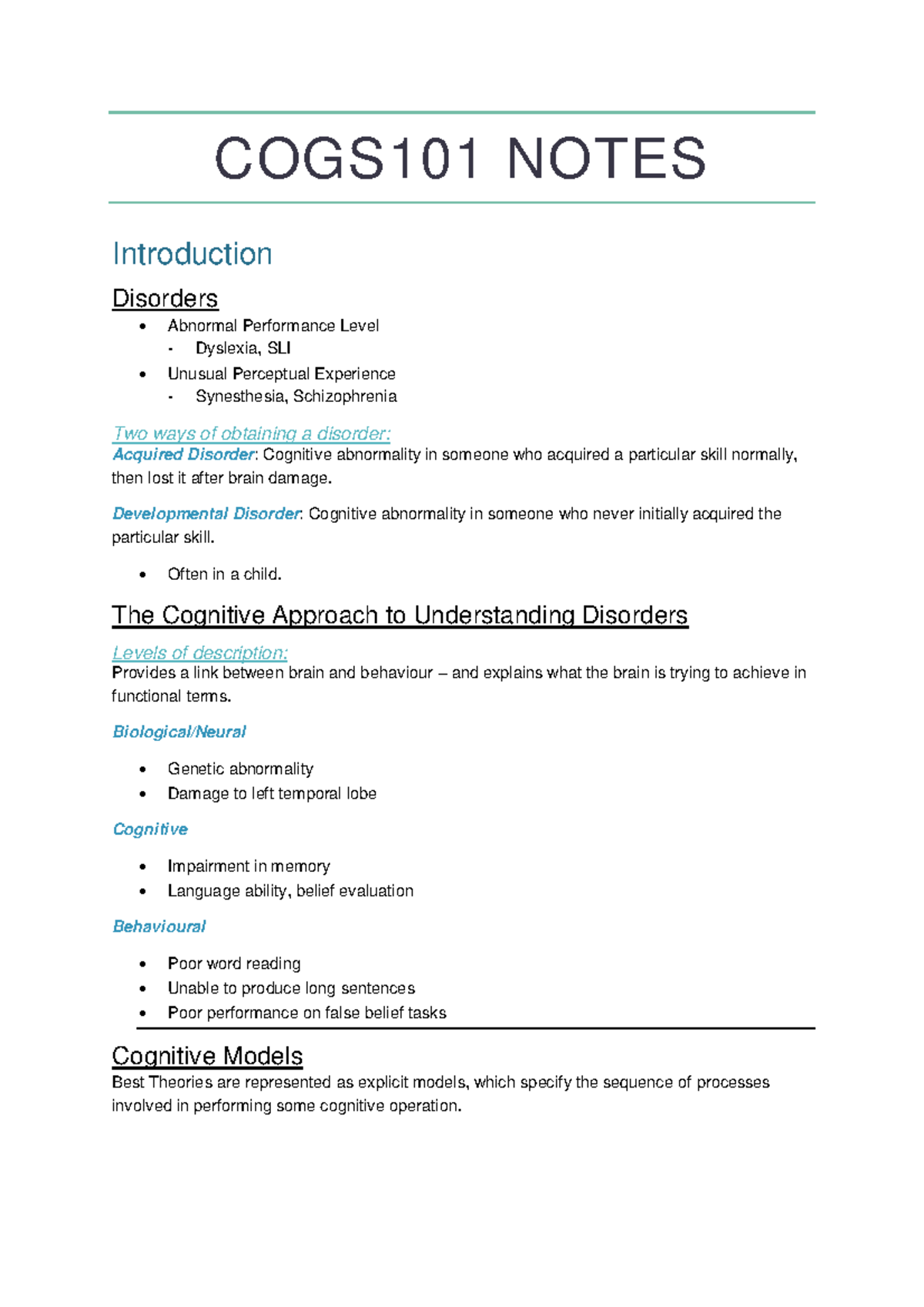 COGS 101 Notes - COGS101 NOTES Introduction Disorders Abnormal ...