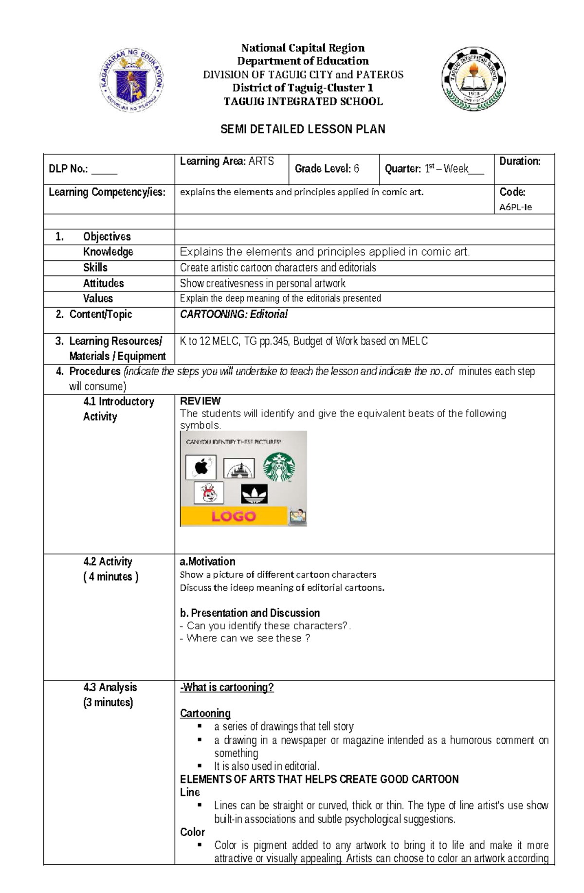 DLP No. 1: Semi-Detailed Lesson Plan on Comic Art for Grade 6 ARTS ...