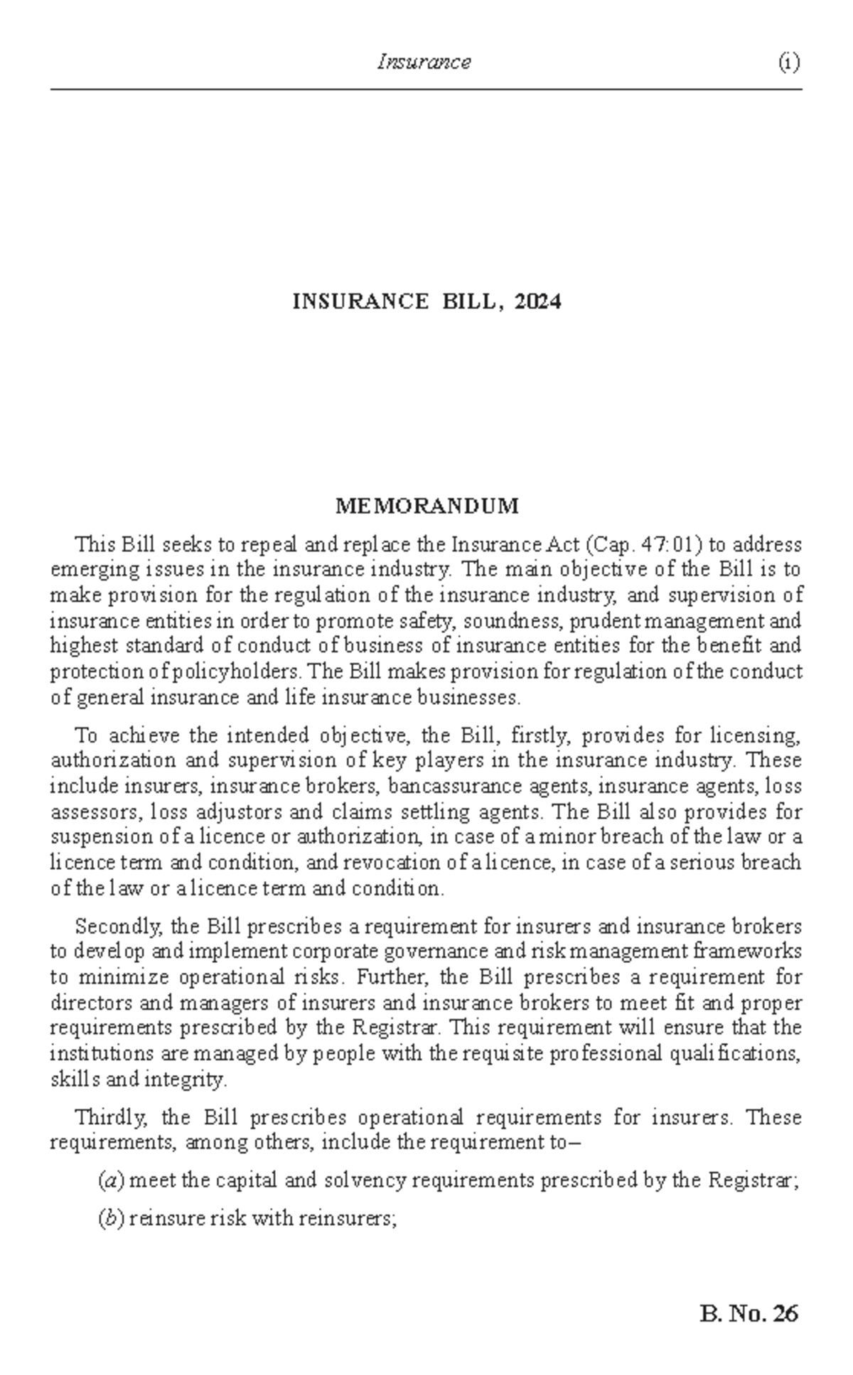 Insurance Bill No. 26 of 2024: Comprehensive Regulatory Framework - Studocu