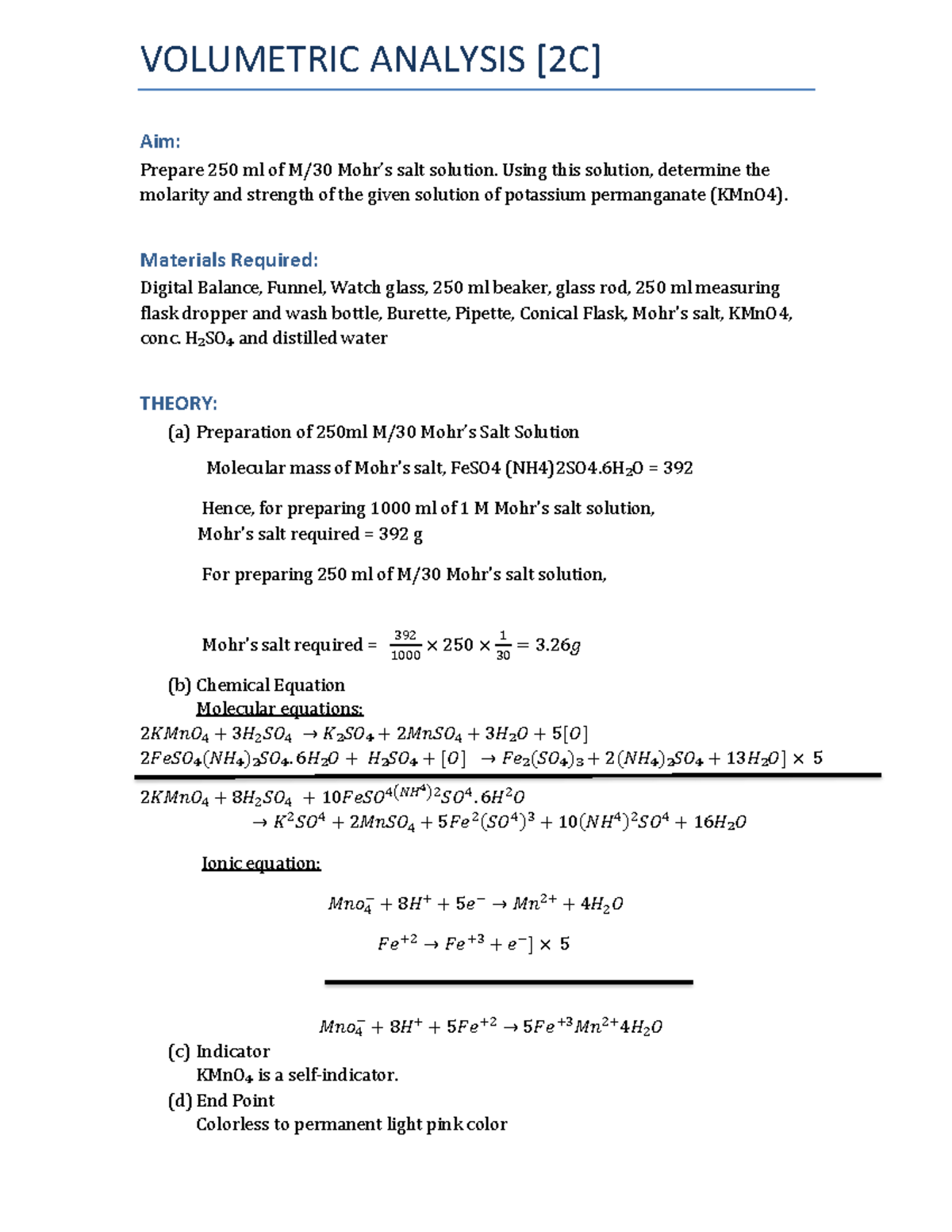 Volumetric Analysis 2C: Molarity & Strength of KMnO4 Solution - Studocu