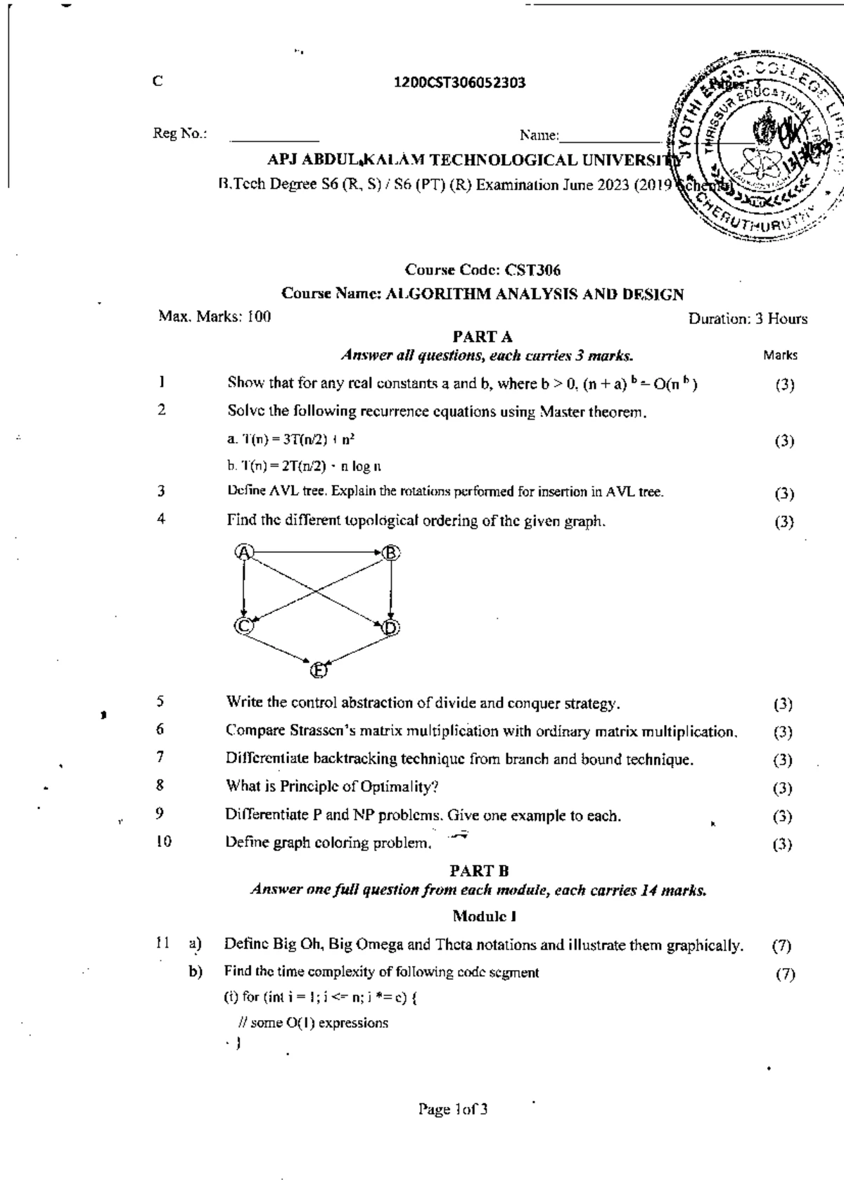 CST306-QP-MAY 2024 - Algorithm Analysis & Design Question Paper - Studocu