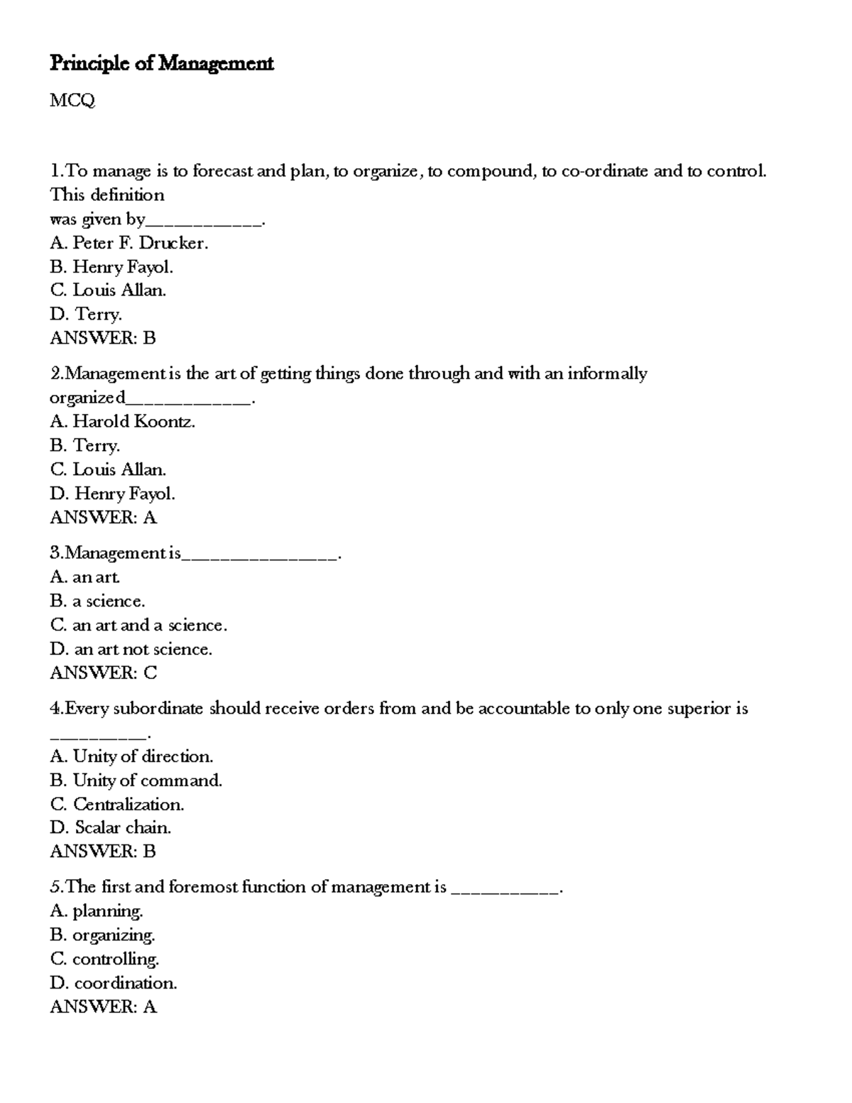 Principles of Management MCQs for Exam Preparation - Studocu