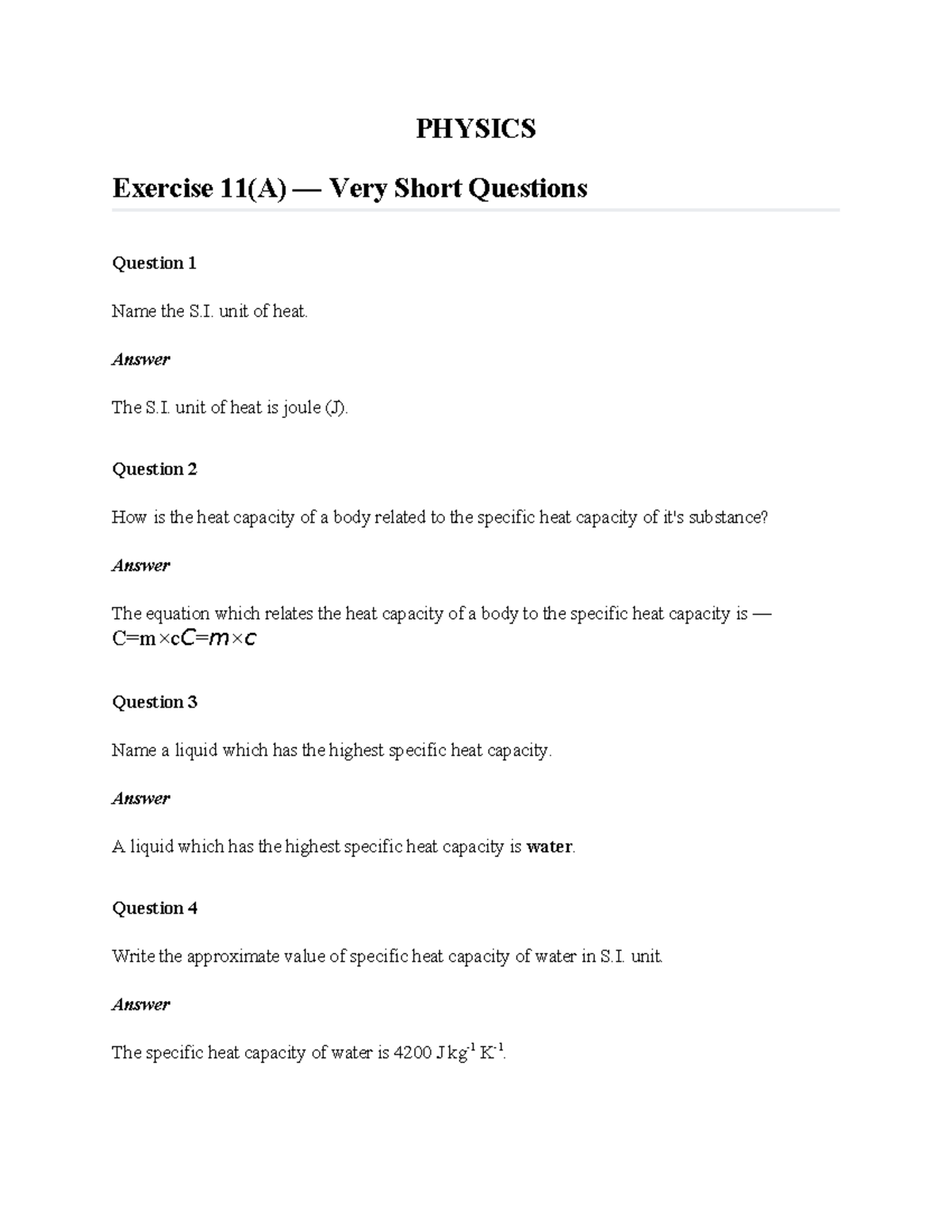 PHYSICS Exercise 11(A) Very Short Questions on Heat and Temperature ...