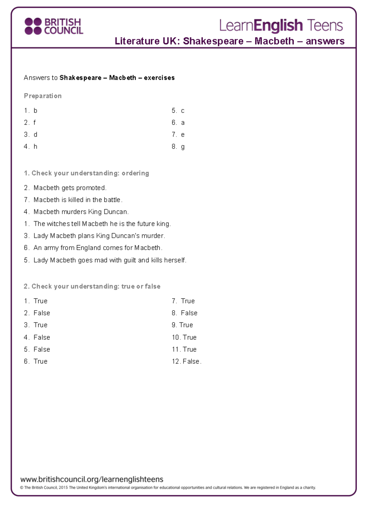 Shakespeare's Macbeth: Study Answers & Exercises (Literature UK) - Studocu