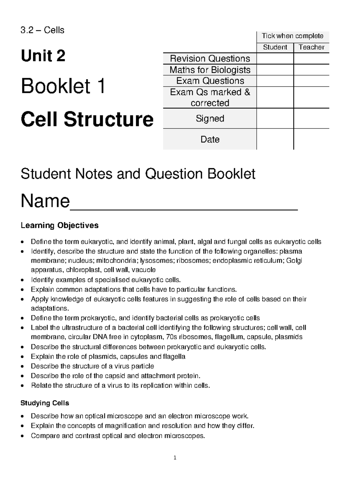 Cell Structure: Student Notes & Exam Qs (Biology 101) - Studocu