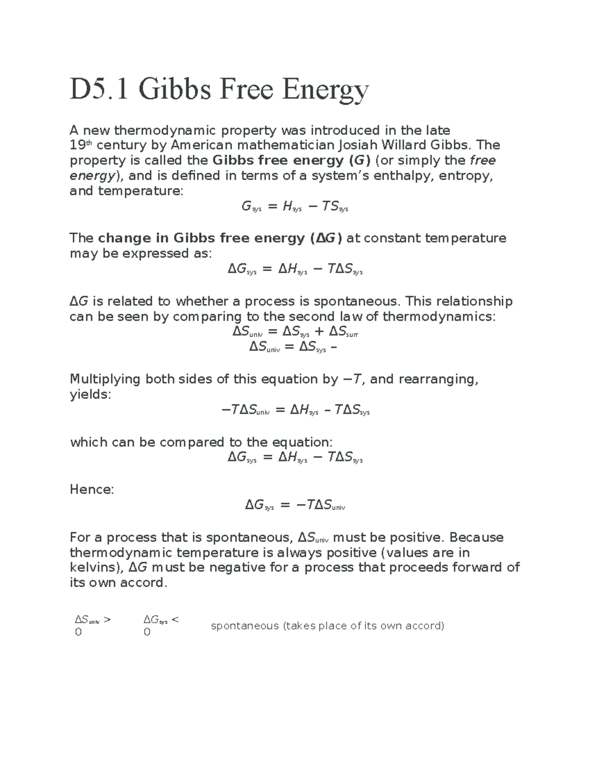 Gibbs Free Energy and Its Applications in Thermodynamics - D5 Notes ...