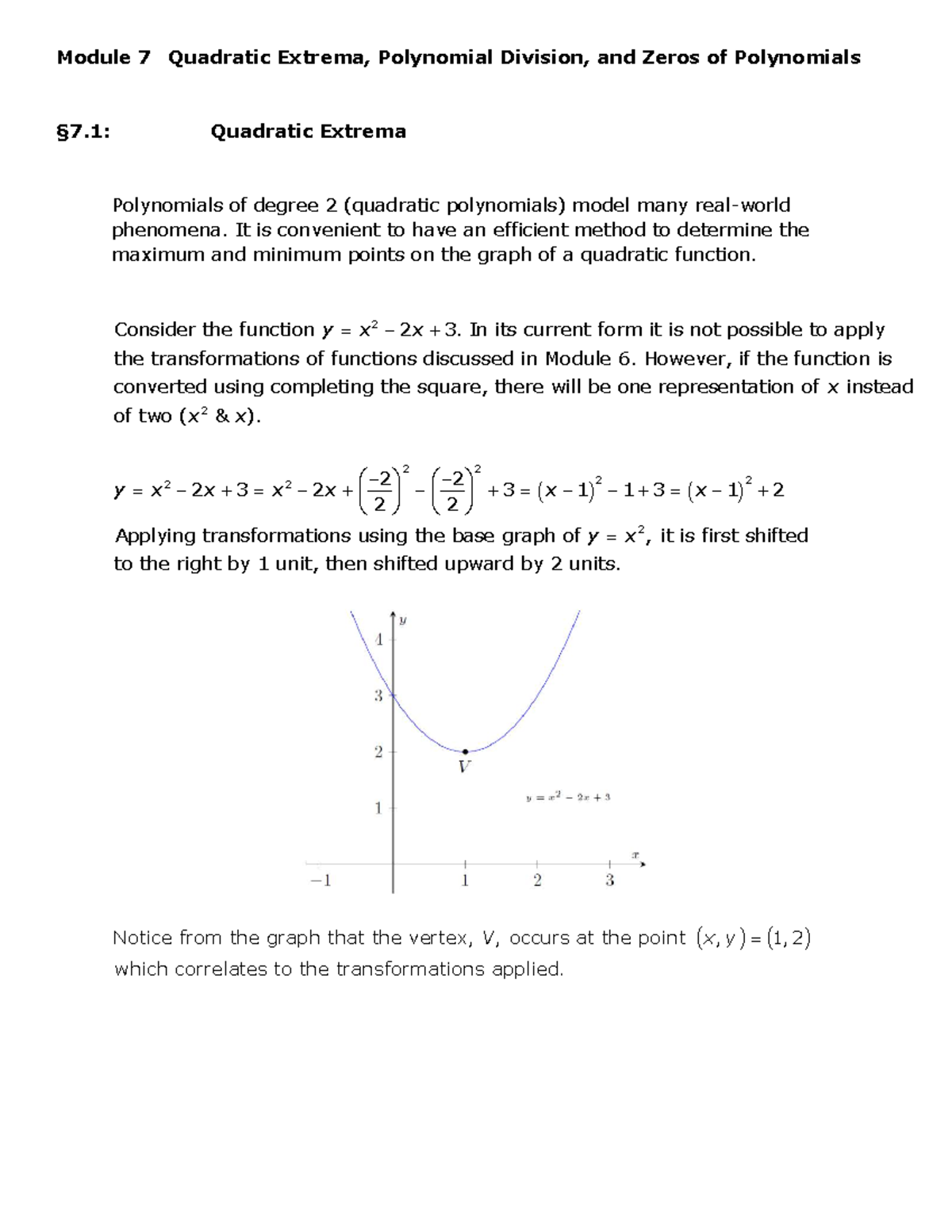 Precalculus Module 7: Quadratic Extrema & Polynomial Division - Studocu