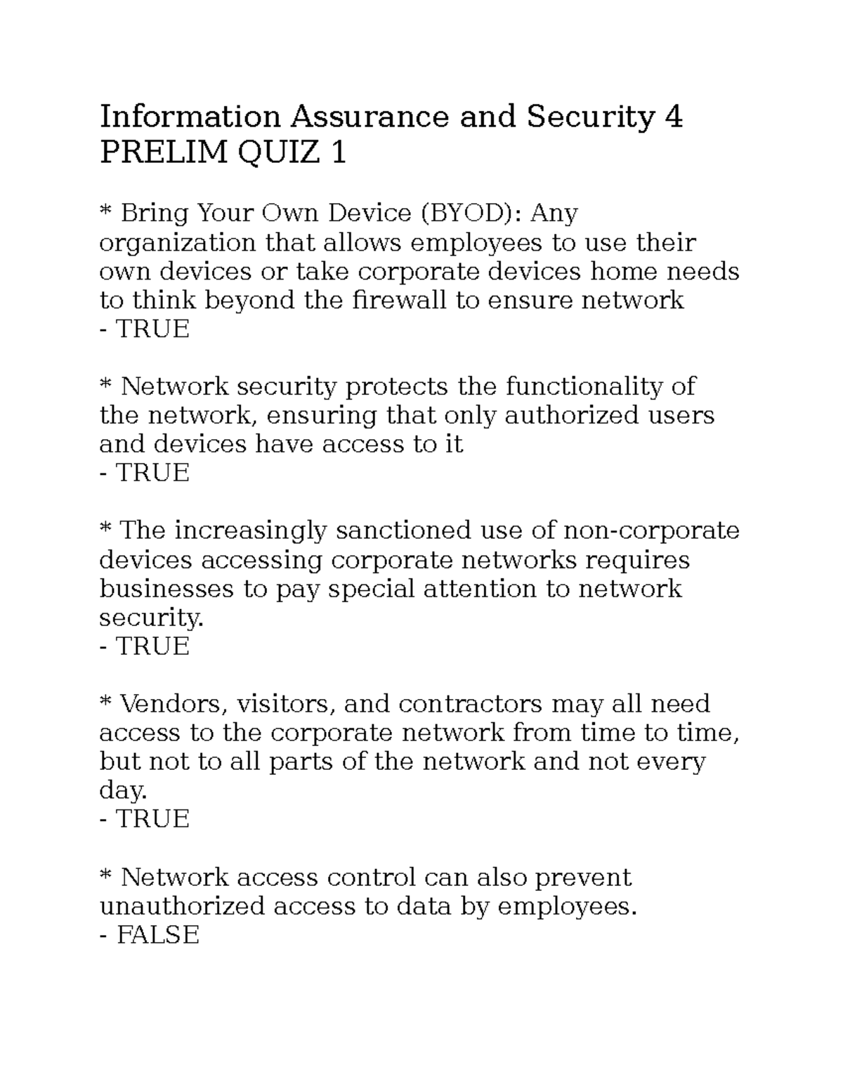 Information Assurance and Security 4 Prelim Quiz 1: BYOD & Network ...