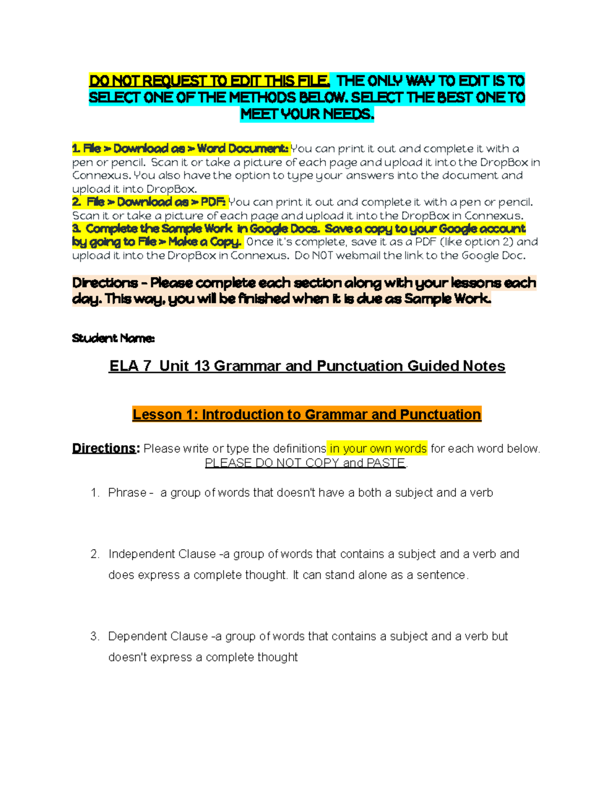 Copy of ELA 7B Unit 13 Grammar & Punctuation Guided Notes - Studocu