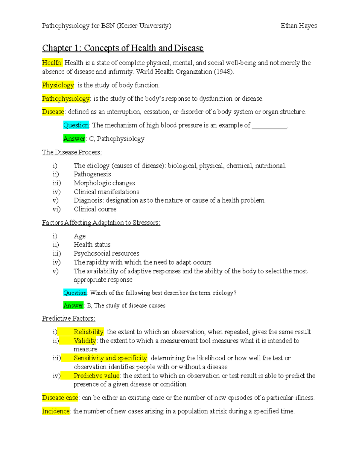 Patho Notes - Chapter 1: Concepts of Health and Disease Health: Health ...