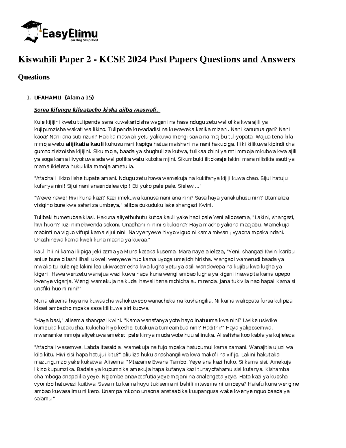 Kiswahili Paper 2 - KCSE 2024 Past Exam Questions & Answers - Studocu